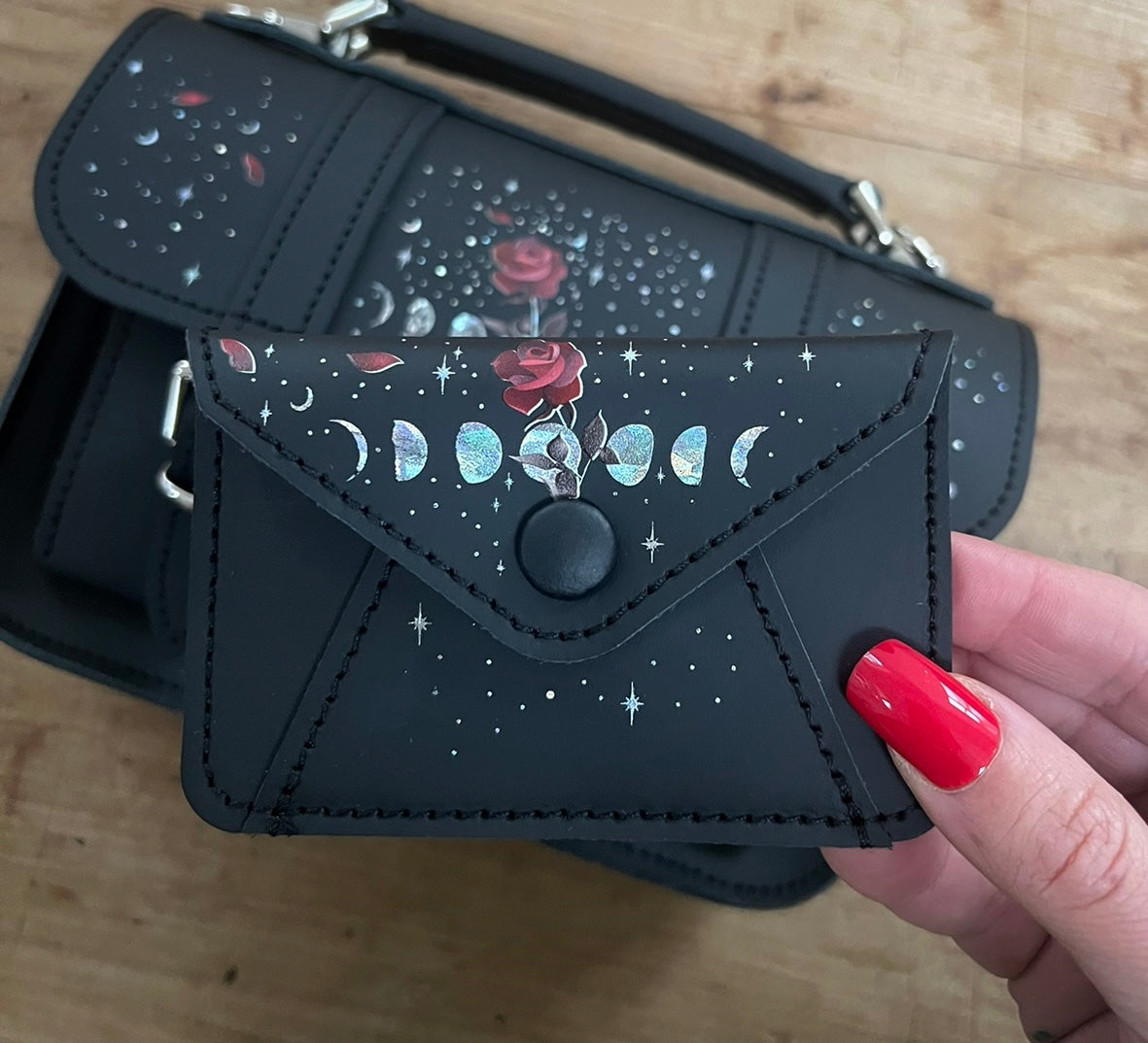 CARD WALLET IRIDESCENT ROSE MOON - Leather Card Holder – GRAFEA