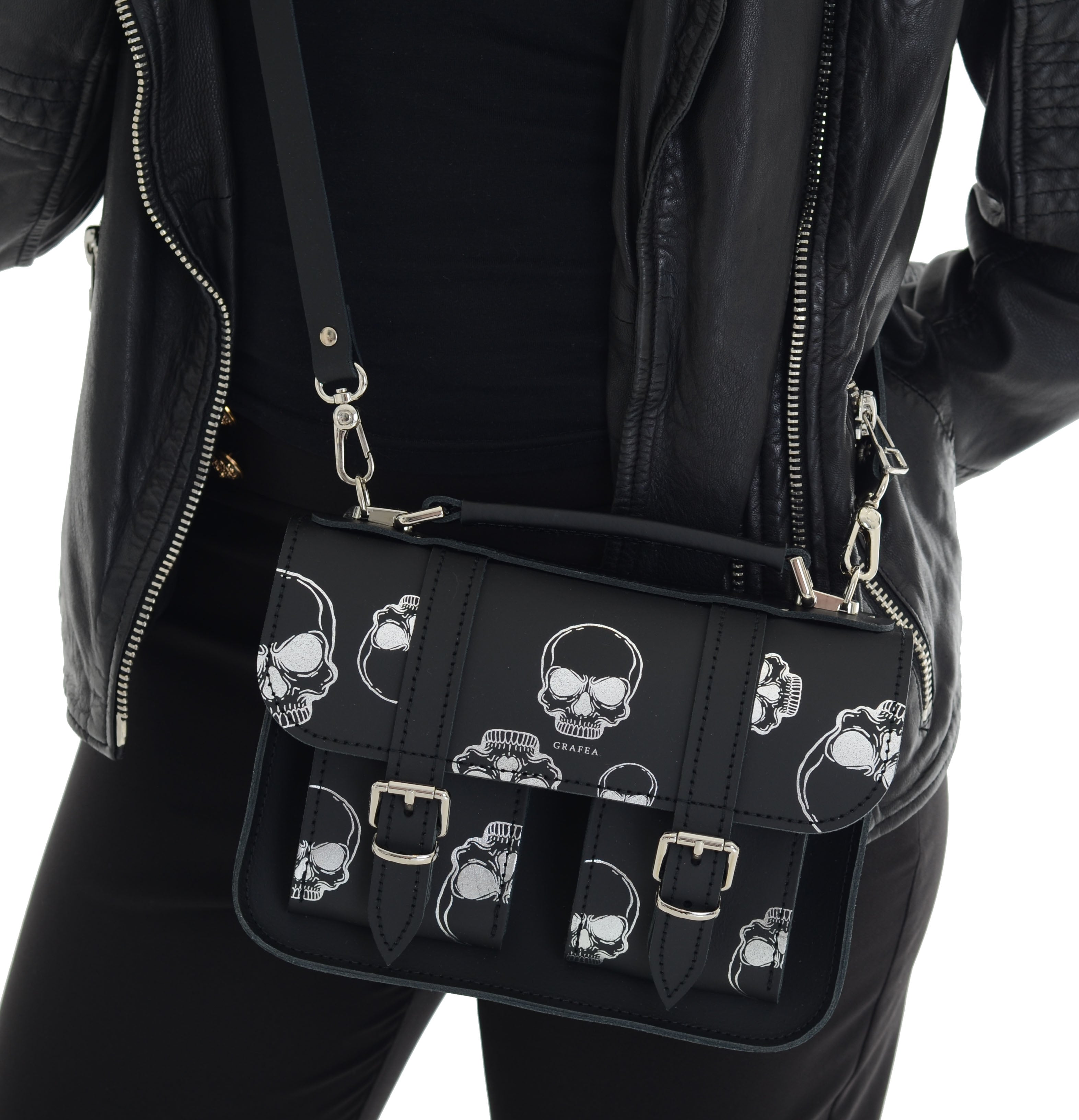 MICRO SILVER SKULLS - Mini Leather Satchel – GRAFEA