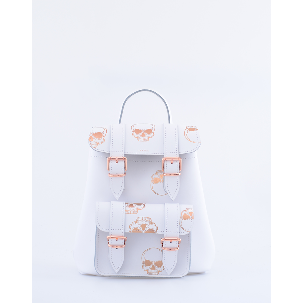 BABY II WHITE ROSE GOLD SKULLS - Small Leather Backpack – GRAFEA