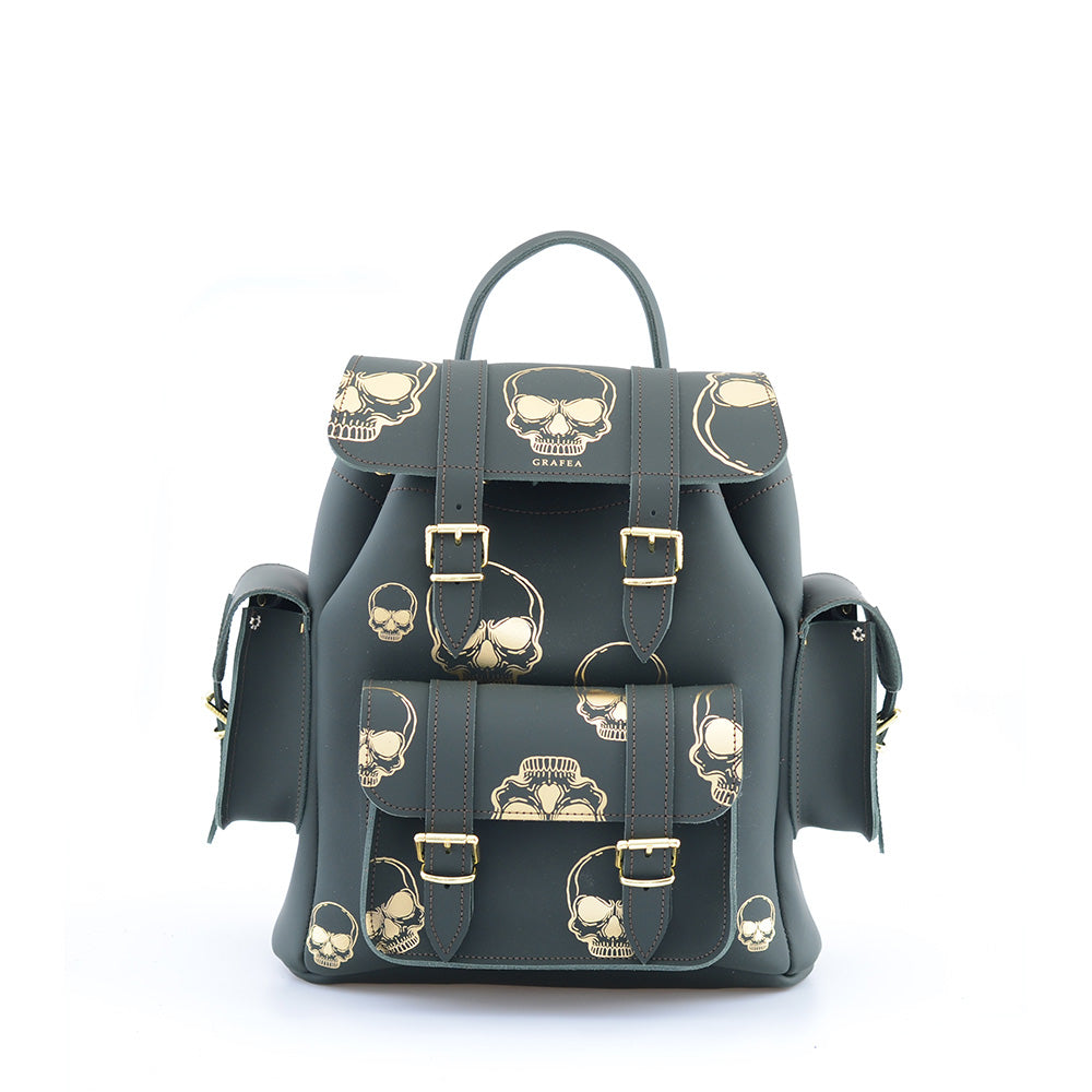 HARI II DARK GREEN GOLD SKULLS - Leather Backpack – GRAFEA