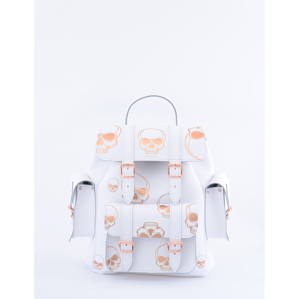 HARI II WHITE ROSE GOLD SKULLS - Leather Backpack – GRAFEA