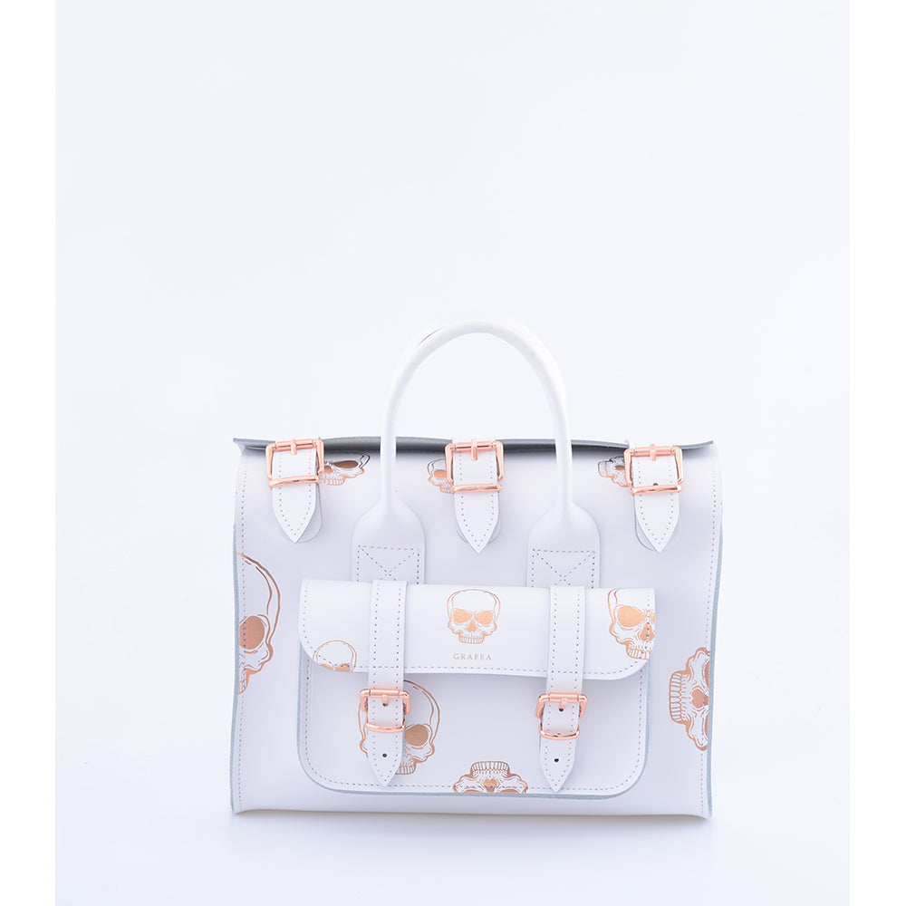 LUNA WHITE ROSE GOLD SKULLS- Womens Leather Shoulder Bag – GRAFEA