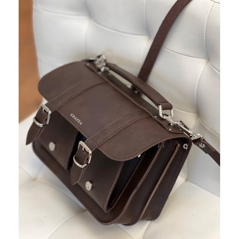 MICRO DOUBLE DARK BROWN - Mini Leather Satchel – GRAFEA
