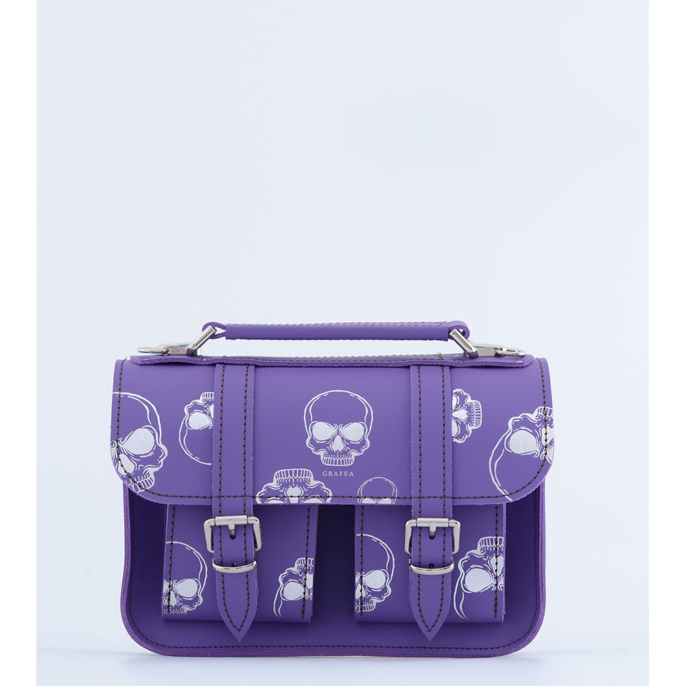 MICRO PURPLE SILVER SKULLS - Mini Leather Satchel – GRAFEA