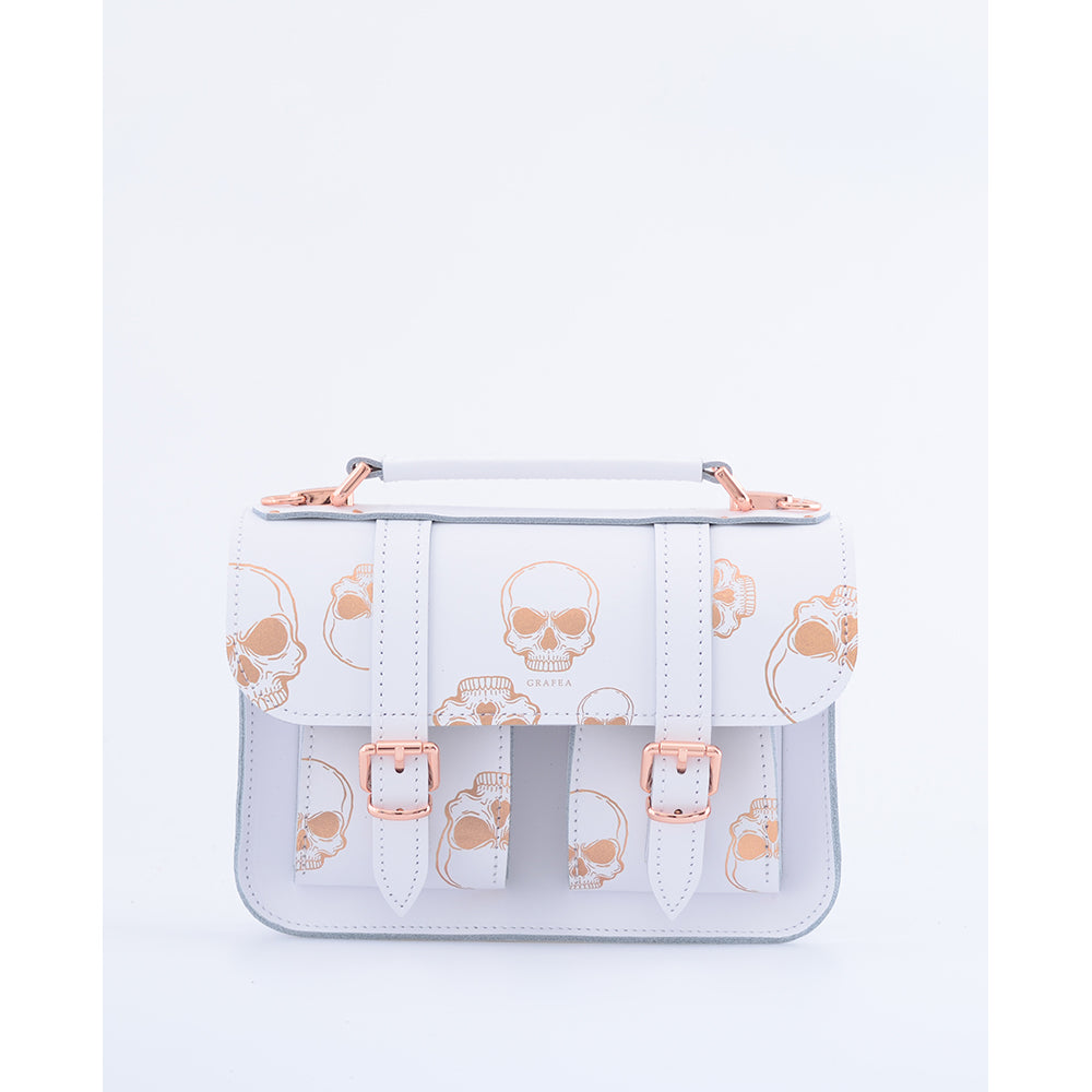 MICRO WHITE ROSE GOLD SKULLS- Mini Leather Satchel – GRAFEA