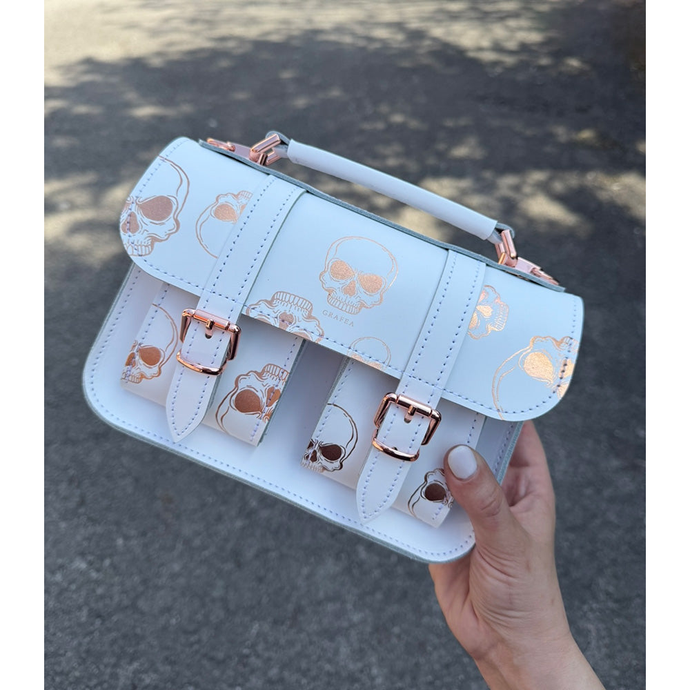 MICRO WHITE ROSE GOLD SKULLS- Mini Leather Satchel – GRAFEA