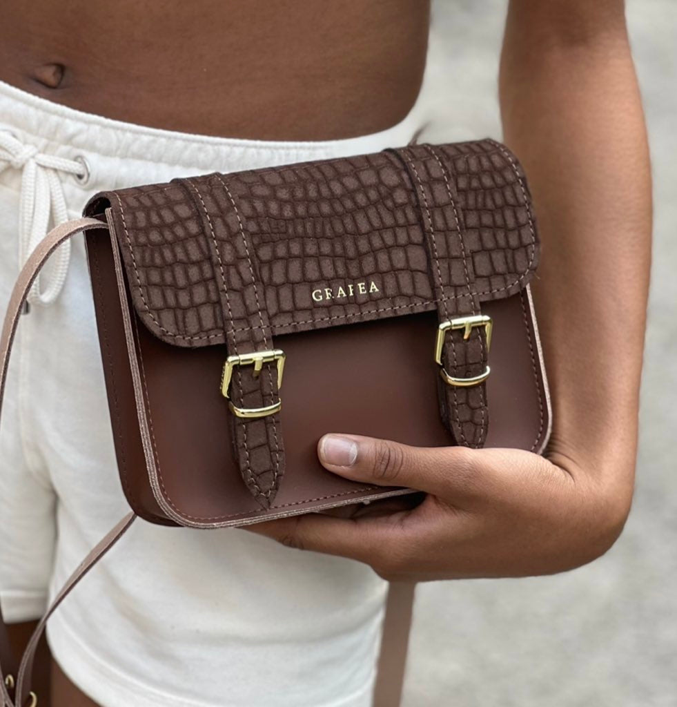 MINI SATCHEL SUEDE BROWN - Mini Leather Satchel – GRAFEA